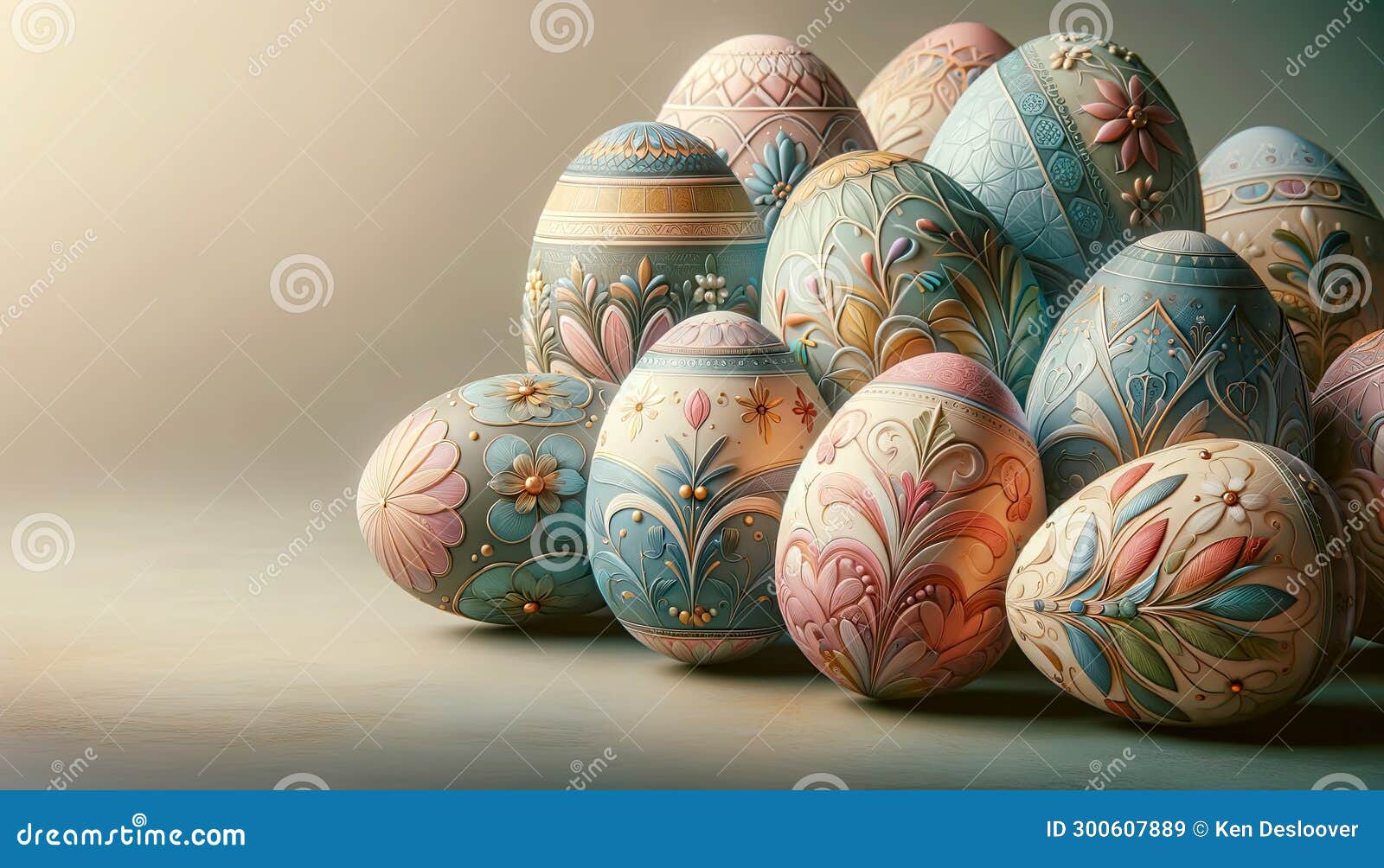 Multiple Decorated Easter Eggs with a Tan Background with Copy Space ...