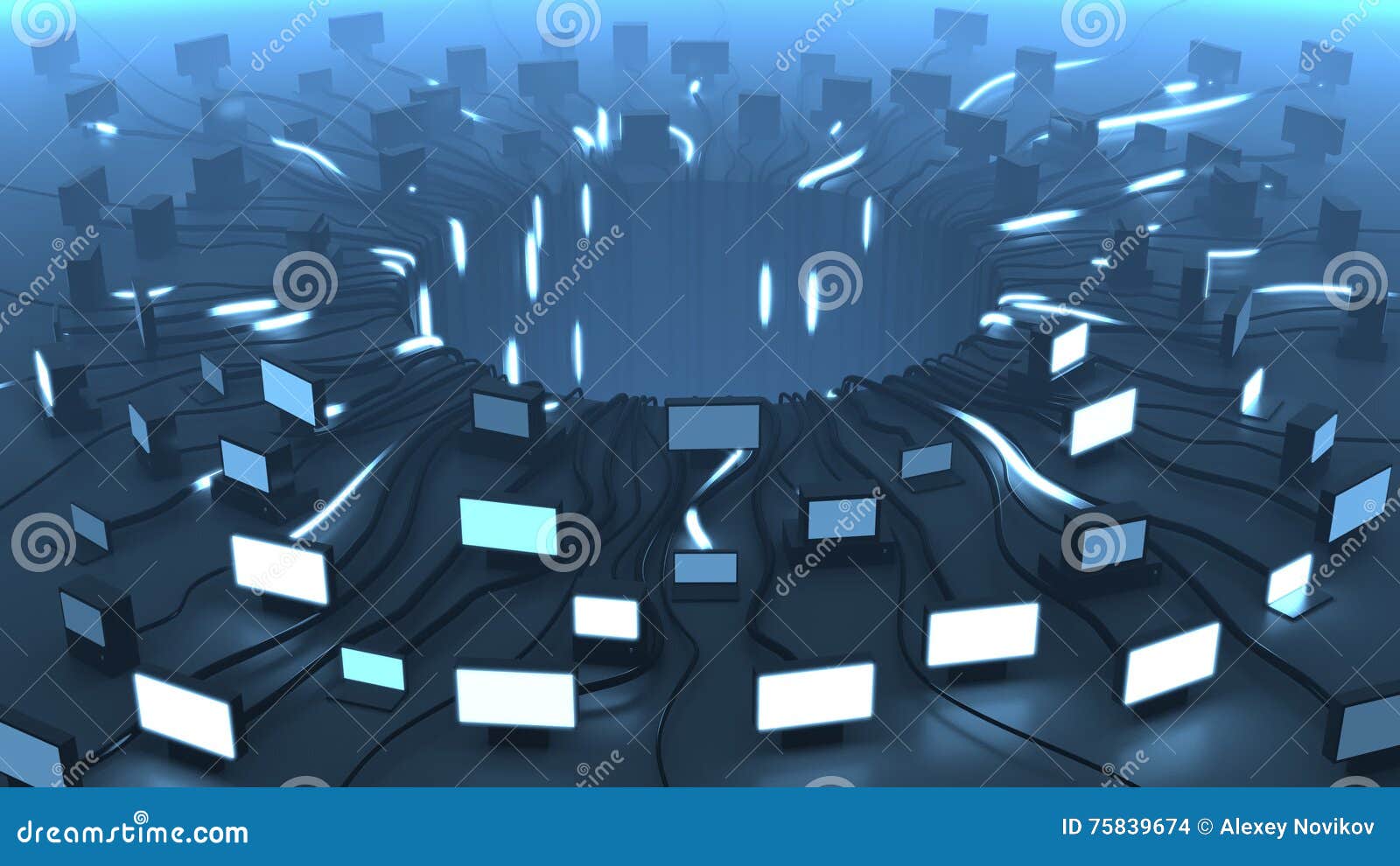 Multiple Devices and Network Cable Signals, 3D Rendering. Blue ...