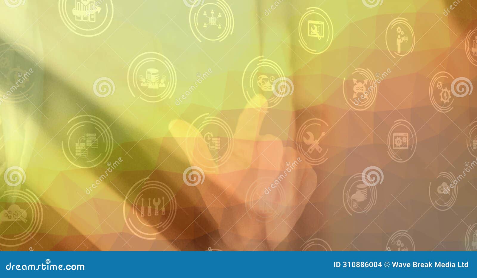 Multiple Digital Icons Floating Against Hand Touching Invisible Screen ...