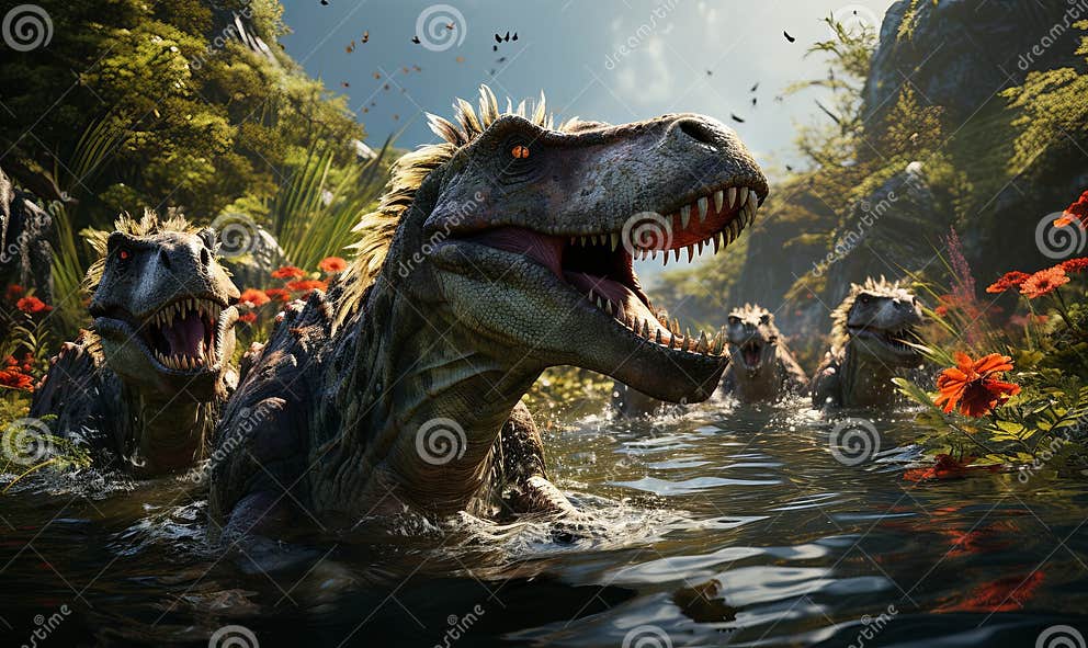 Group of Dinosaurs Wading in Water Stock Photo - Image of herd ...