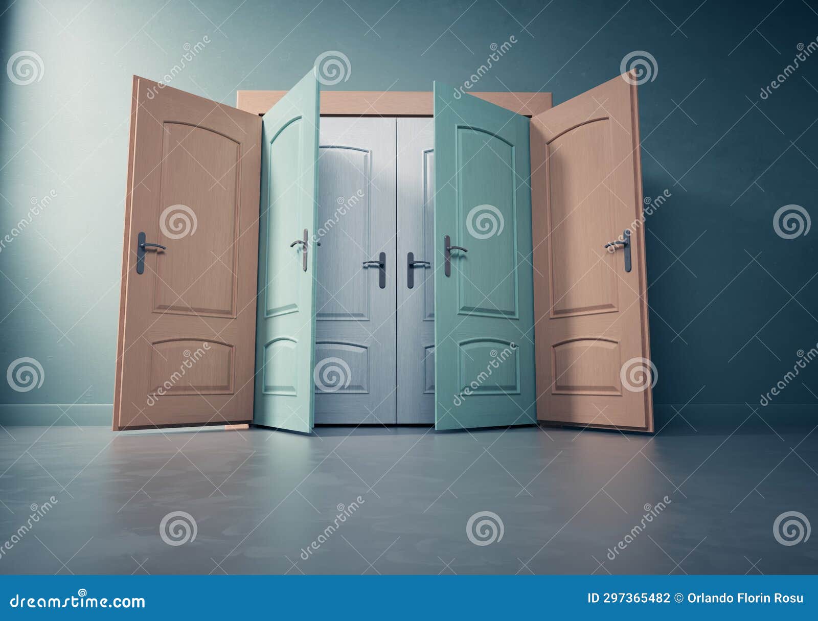 Multiple Doors Opened and Closed on a Blue Wall Stock Illustration ...