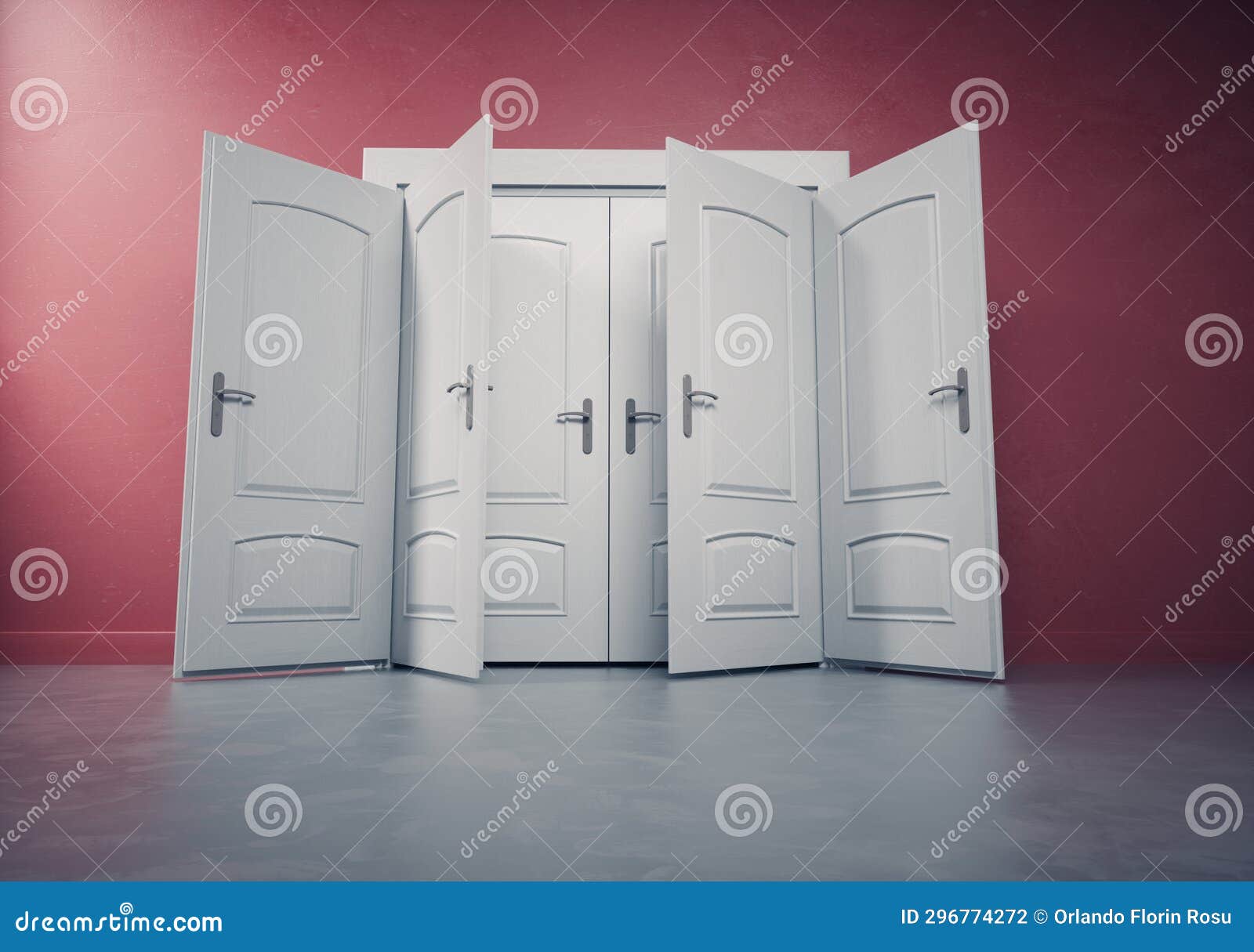 Multiple Doors Opened and Closed on a Red Wall Stock Illustration ...