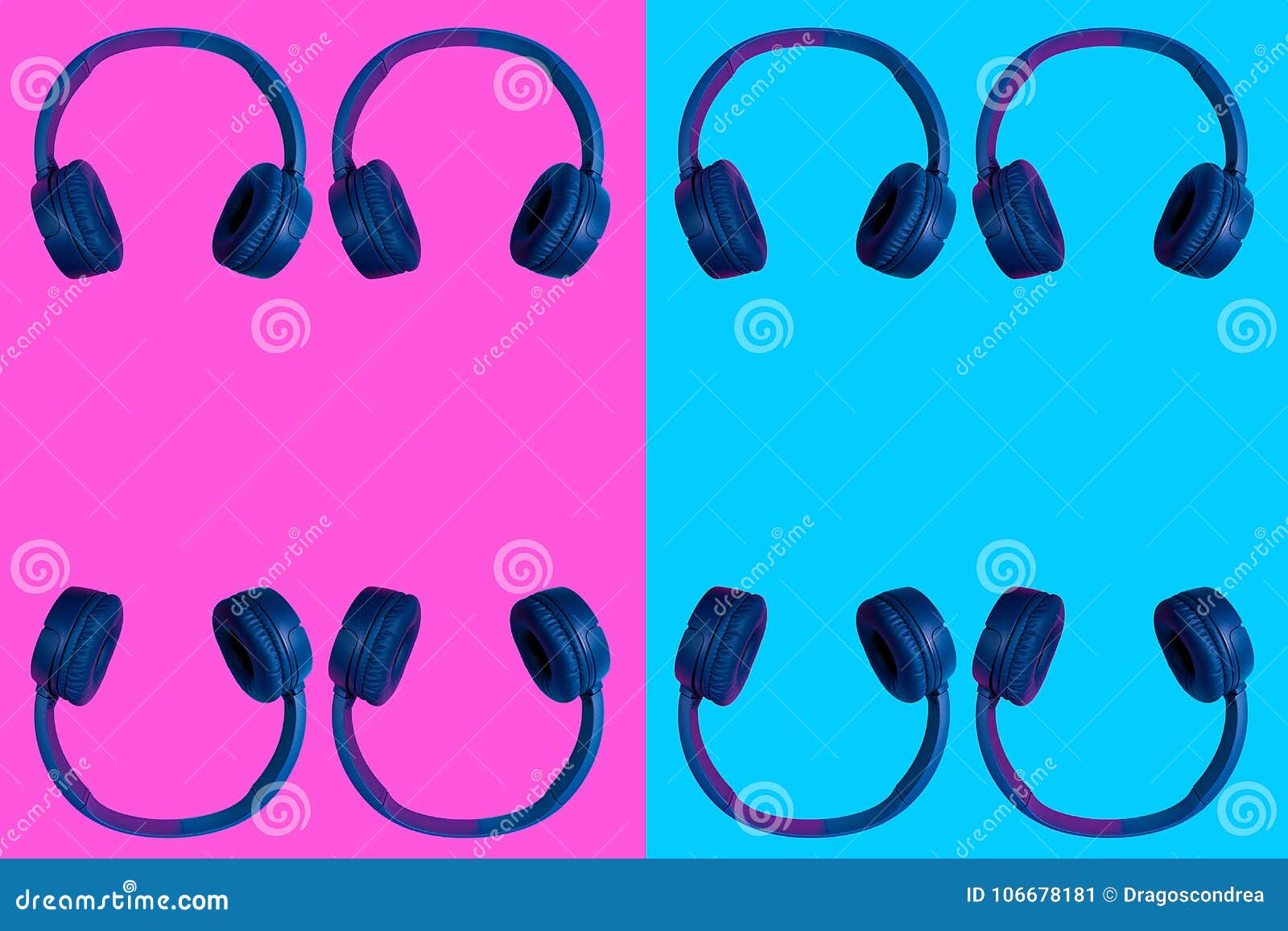 Multiple Doubled Wireless Headphones on Vivid Color Background Stock ...