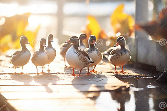 Multiple Ducks Lined Up on a Sunlit Dock Stock Illustration ...