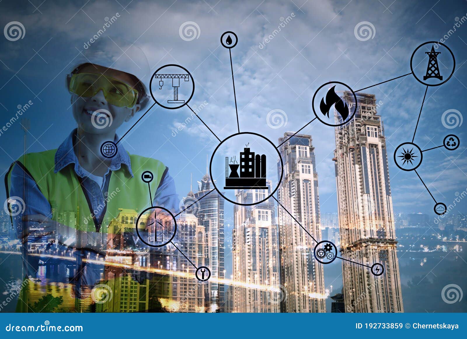 Multiple Exposure of Female Engineer, Scheme, Cityscape Stock Image ...