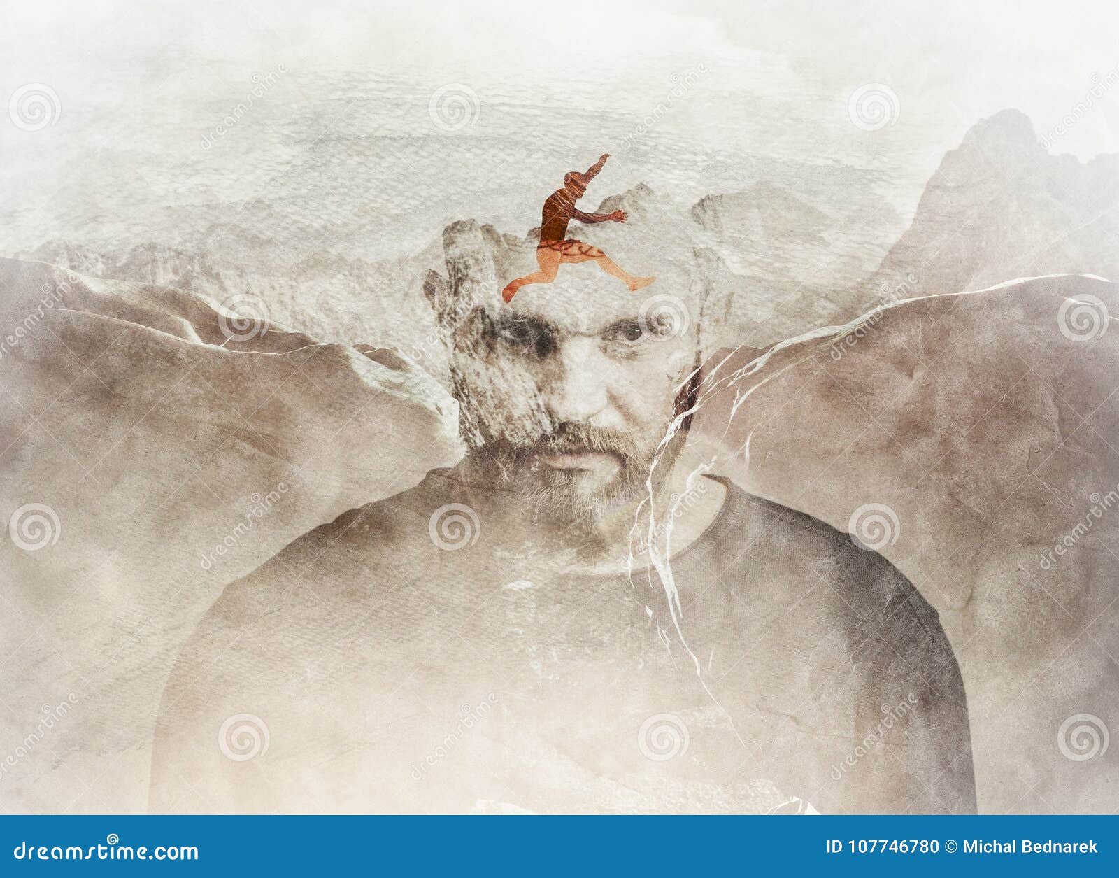 Multiple Exposure of Man Jumping between Mountains Stock Photo - Image ...