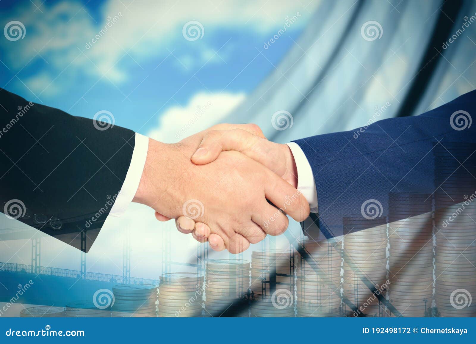 Multiple Exposure of Partners Shaking Hands, Coins, Building. Business ...