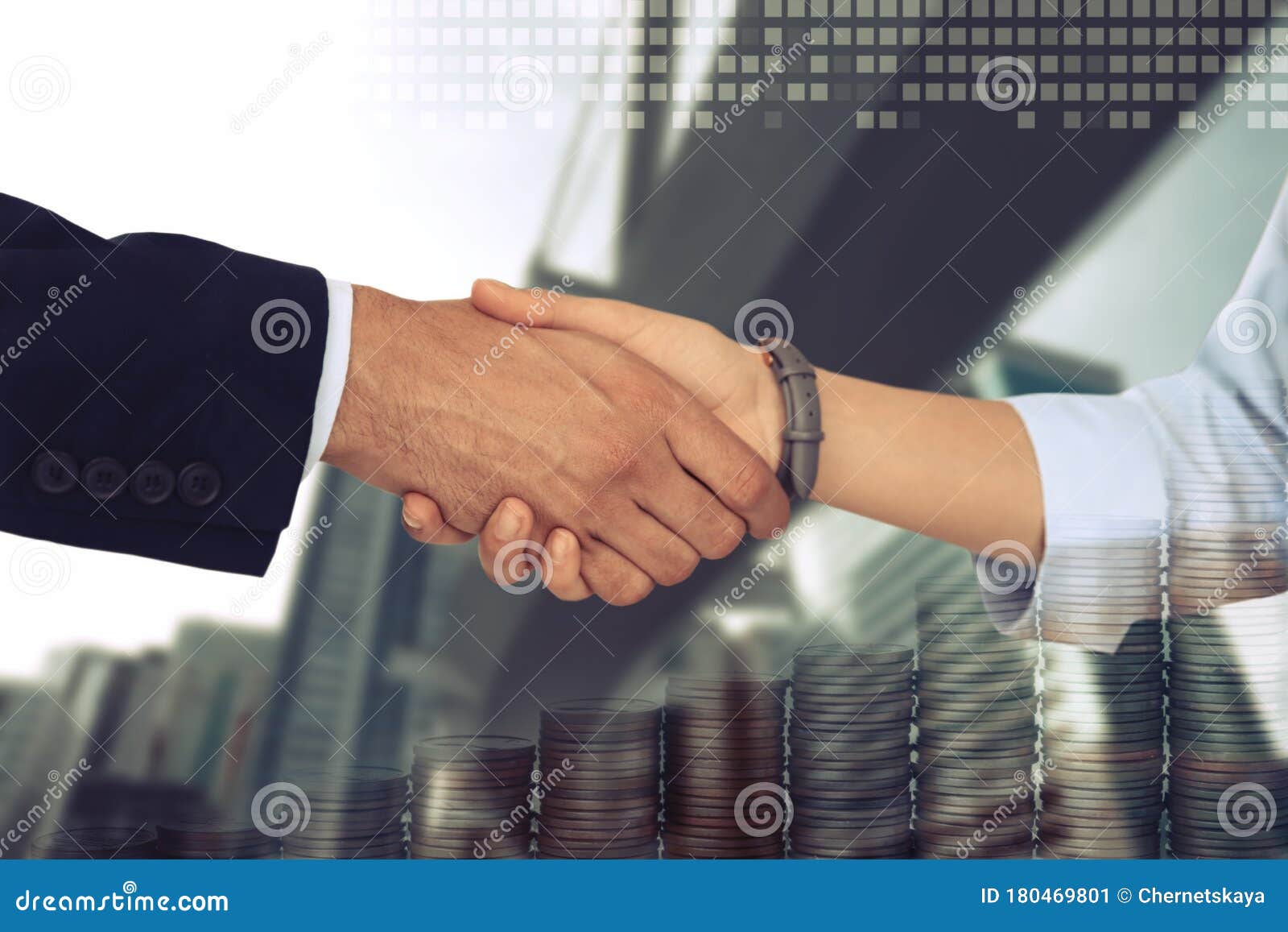 Multiple Exposure of Partners Shaking Hands, Coins, City. Business ...