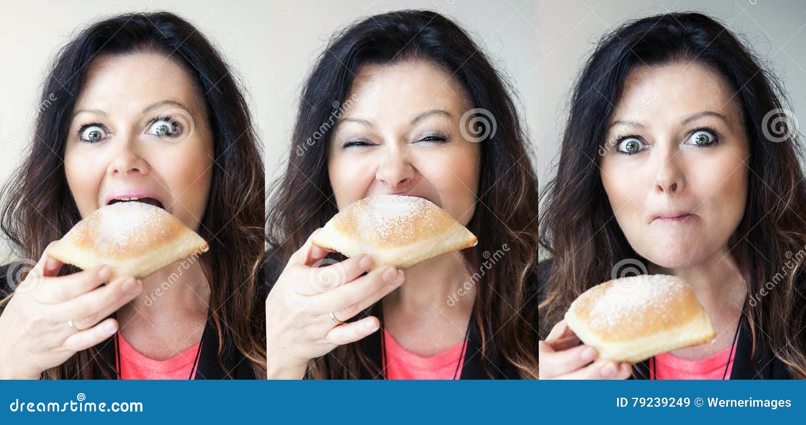 Multiple Faces of Same Woman Eating Pastry Stock Image - Image of ...