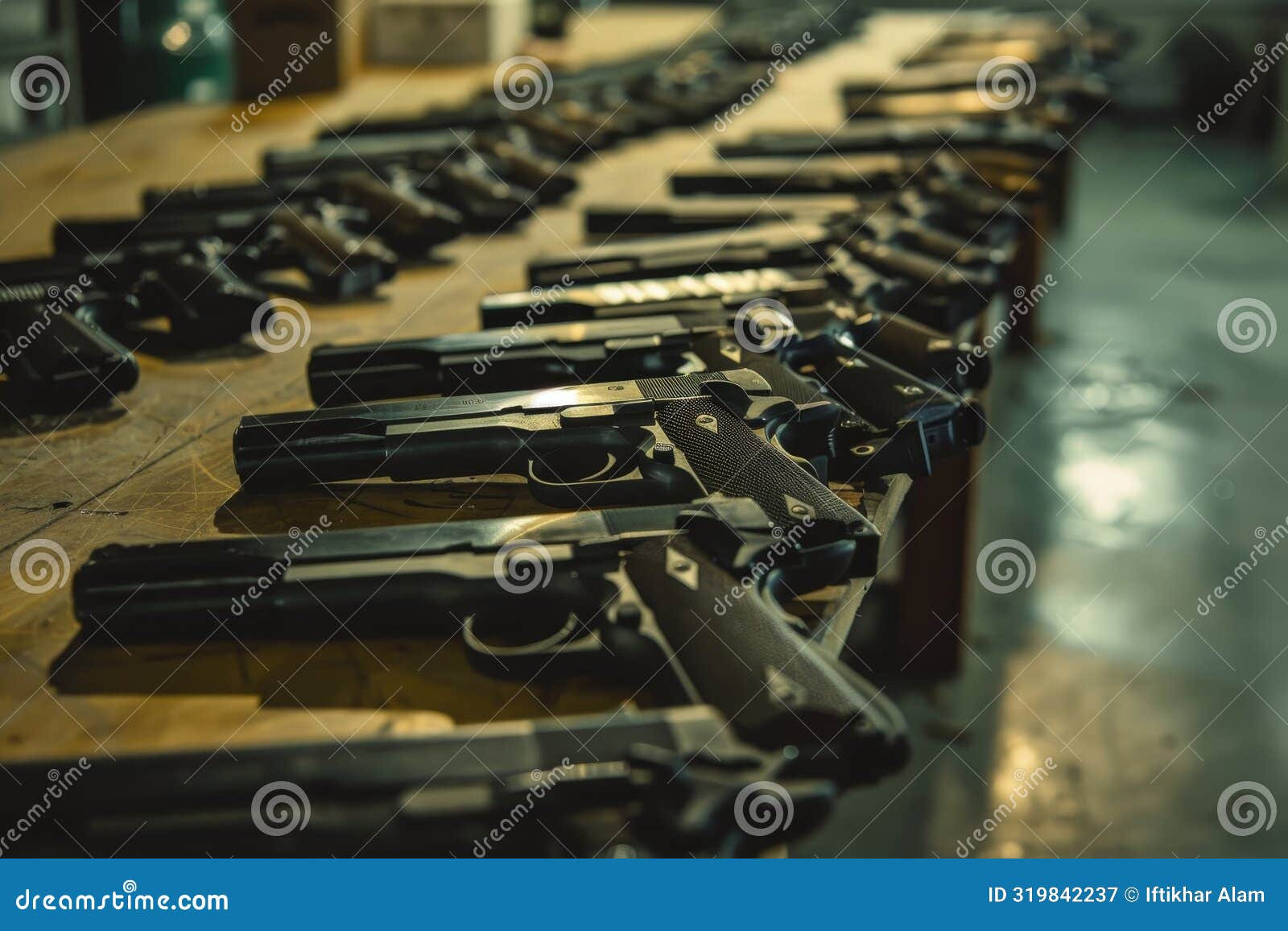 Multiple Firearms are Neatly Arranged on a Table, Guns Lined Up Neatly ...