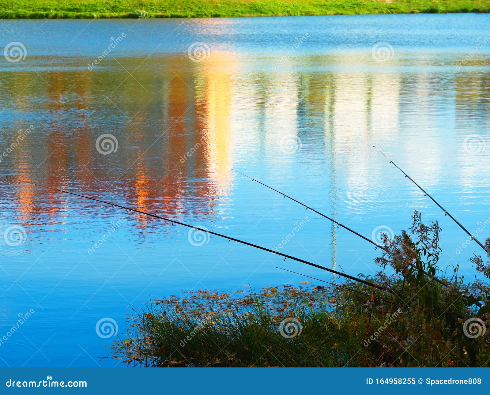 Multiple Fishing Rods with Stunning Water Reflections Background Stock ...