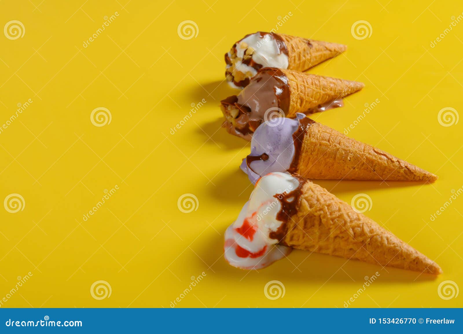 Multiple Flavor Ice Cream Cones In Melting Process On Yellow Background ...