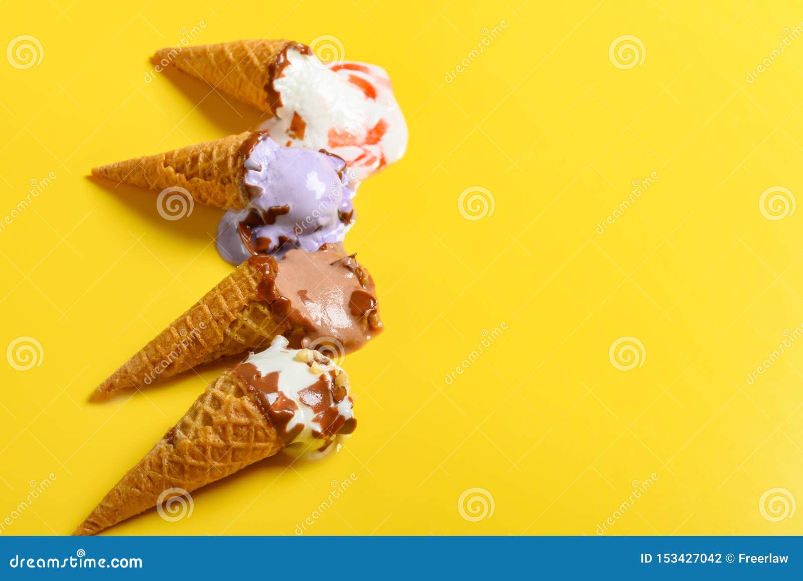 Multiple Flavor Ice Cream Cones In Melting Process On Yellow Background ...