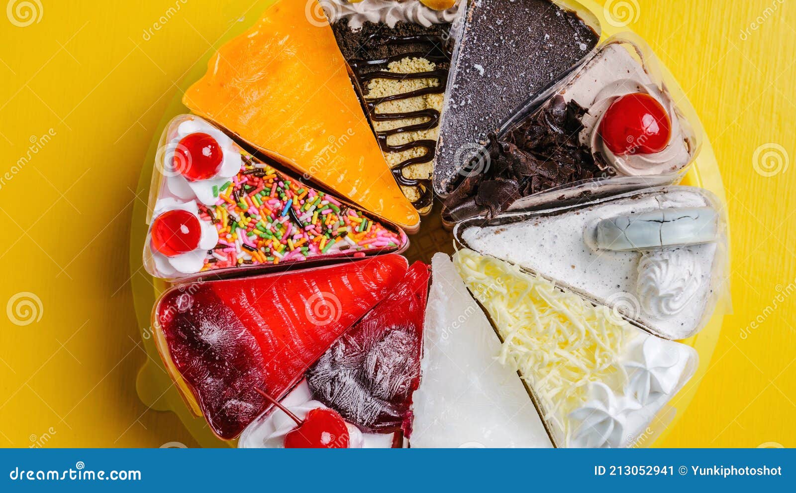 Multiple Flavored Slices Cake for Birthday on Yellow Background Stock ...