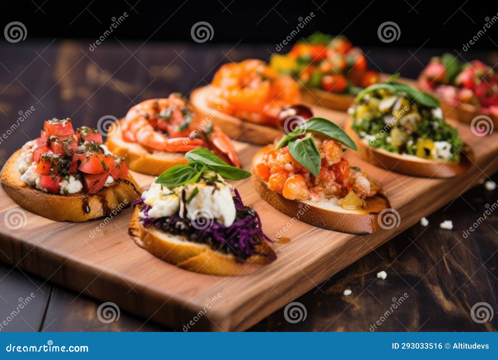 Multiple Flavors of Bruschetta, Featuring a Shrimp Variant Stock Photo ...