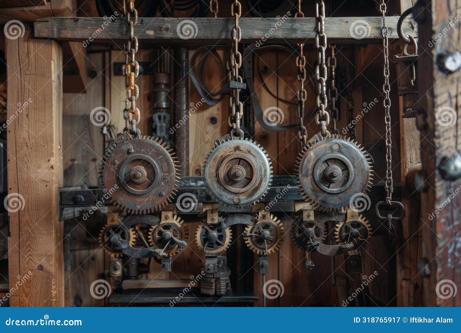 Multiple Gears are Suspended from Chains in a Room, Showcasing an ...