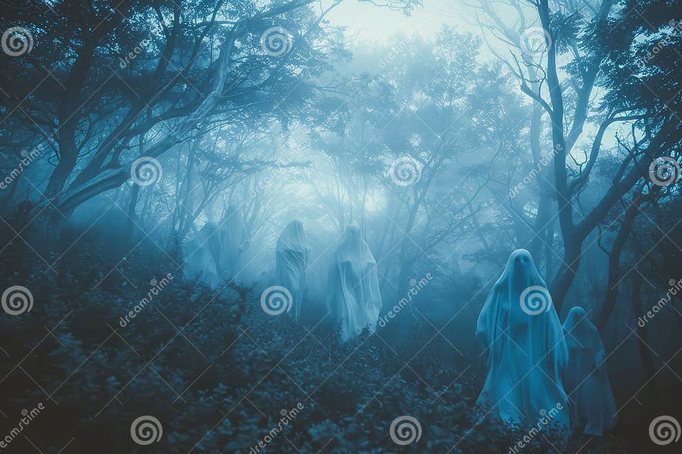 Multiple Ghosts Moving through Misty Forest Setting, Ghosts Floating ...