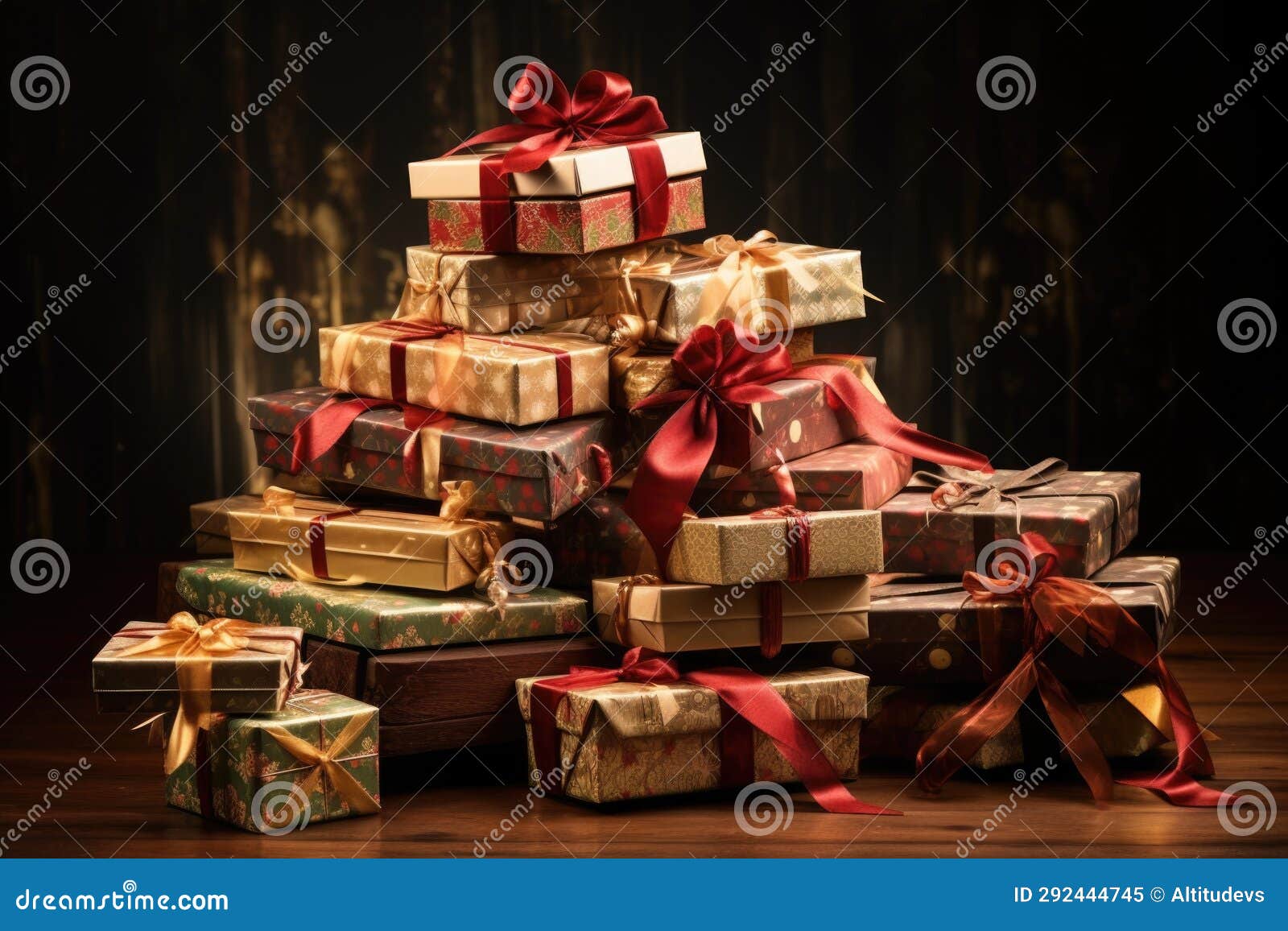 Multiple Gift Boxes Stacked on a Wooden Sleigh Stock Image - Image of ...