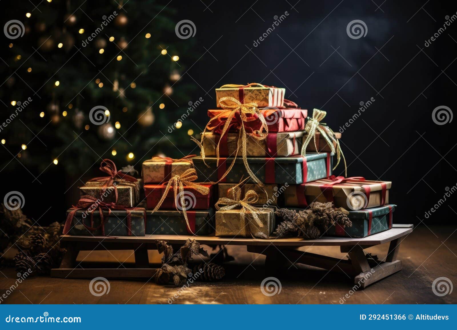 Multiple Gift Boxes Stacked on a Wooden Sleigh Stock Photo - Image of ...