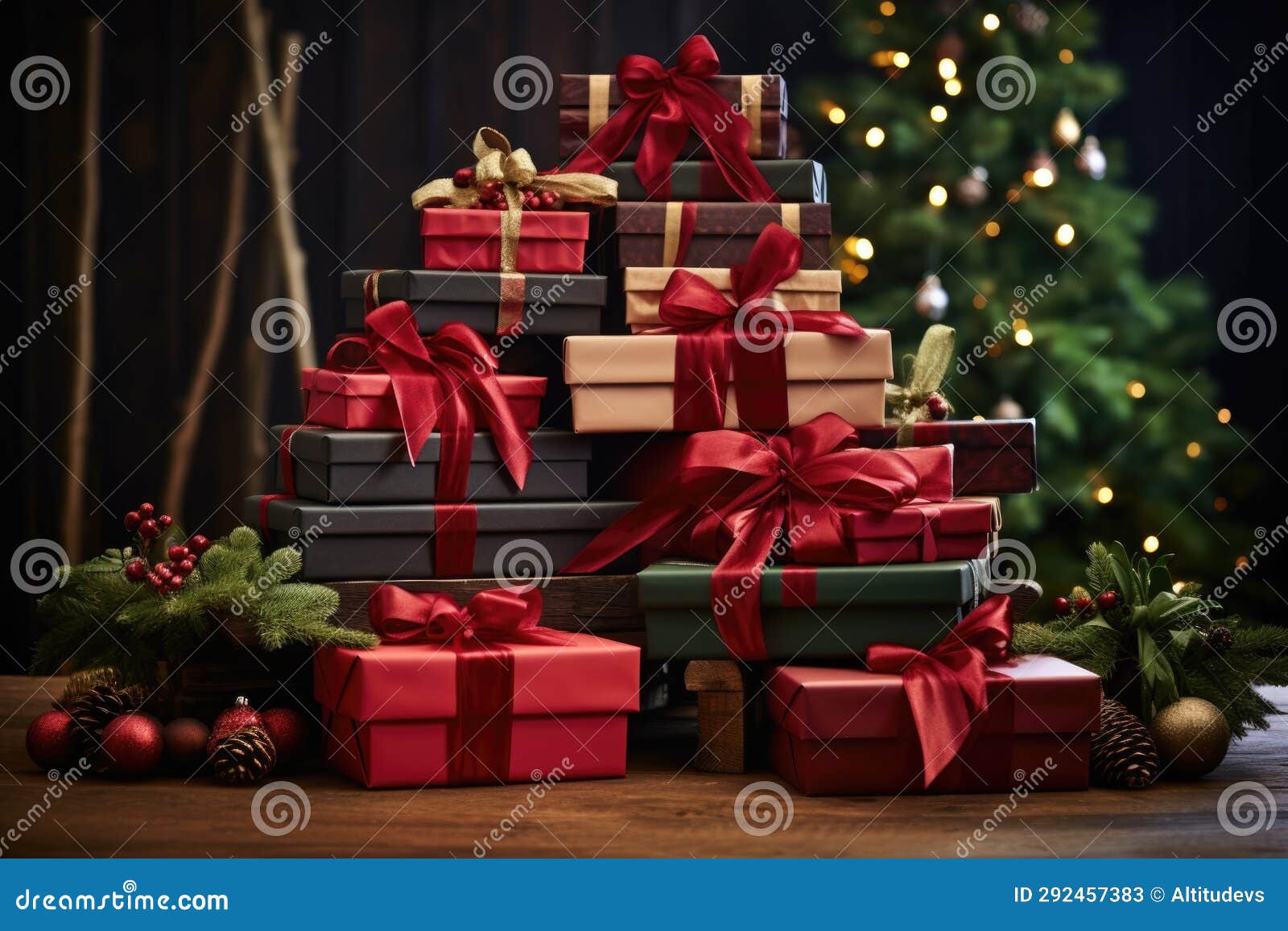 Multiple Gift Boxes Stacked on a Wooden Sleigh Stock Image - Image of ...