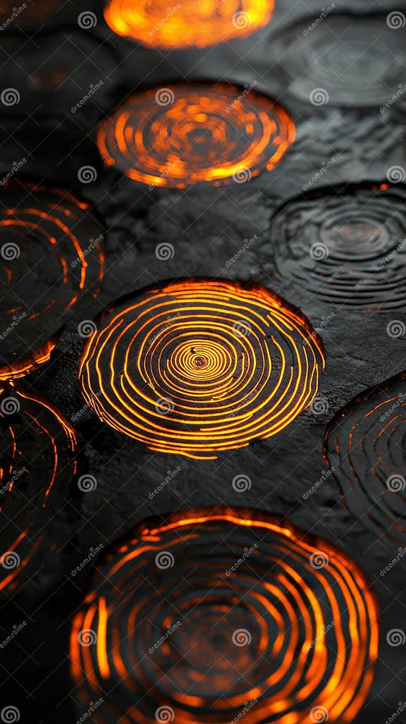 Multiple Glowing Orange Circular Patterns on Textured Dark Surface ...