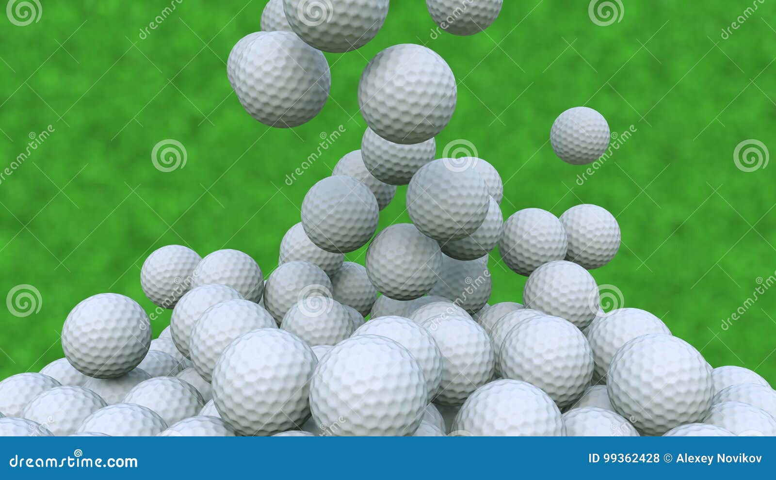 Multiple Golf Balls Falling Down Against Green Grass Background, 3D ...