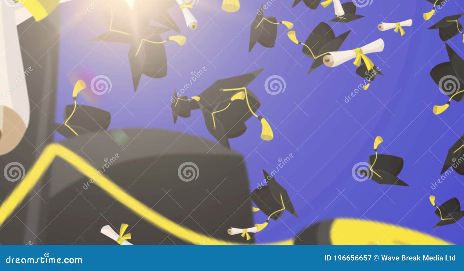 Multiple Graduation Hat and Diploma Icons Falling Against Blue ...