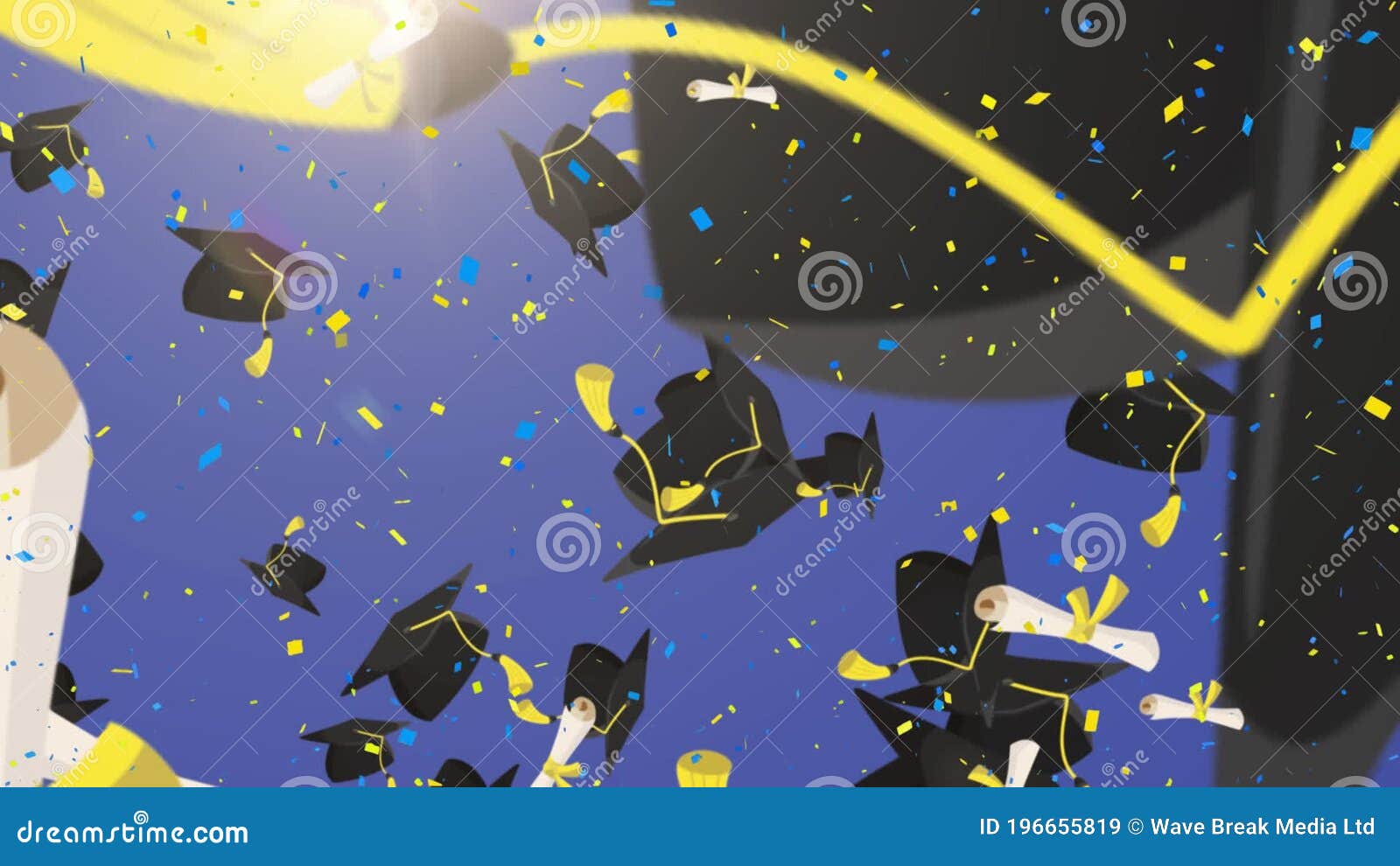 Multiple Graduation Hat and Diploma Icons Moving Over Confetti Falling ...