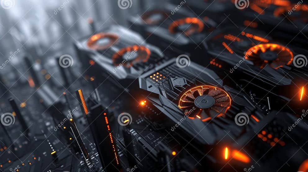 Multiple Graphics Cards with Orange LED Lighting in a Tech Setup Stock ...