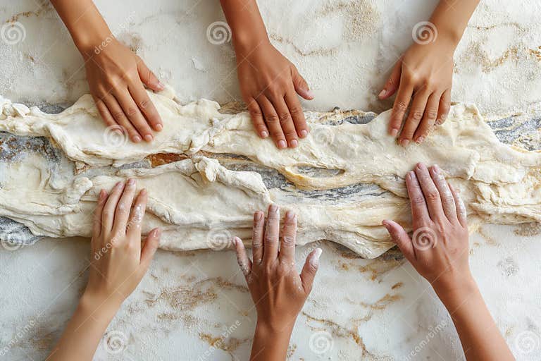 Four Hands Stretching Dough Together Stock Image - Image of bread ...