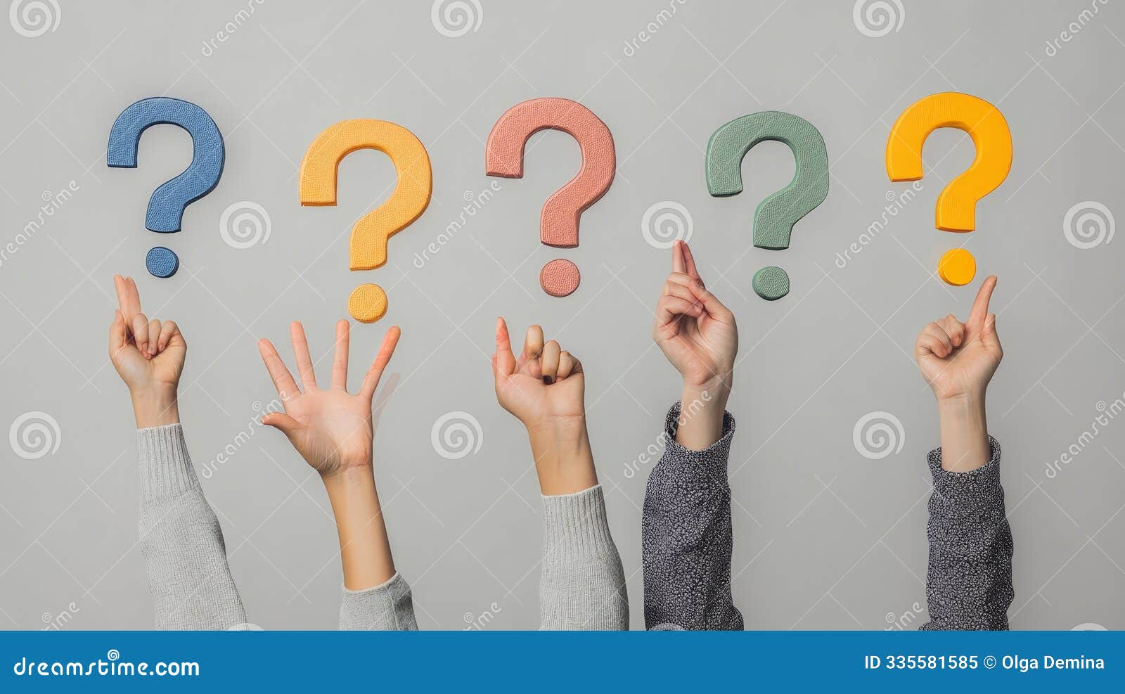 Multiple Hands Pointing at Colorful Question Marks on a Gray Background ...
