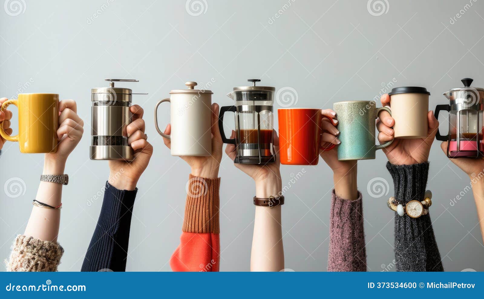 Multiple Hands Are Raised, Each Holding A Different Type Of Coffee Cup ...