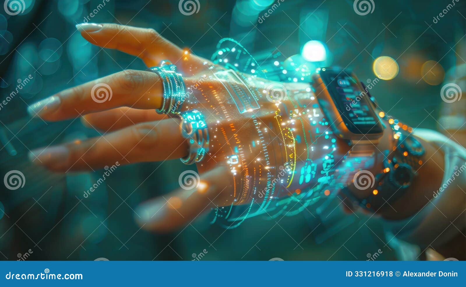 Group of Hands with Smartwatches Connected Digitally Stock Photo ...