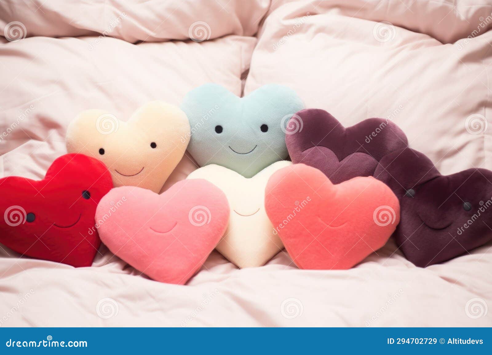 Multiple Heart-shaped Soft Plushies in Different Colors on a Bed Stock ...