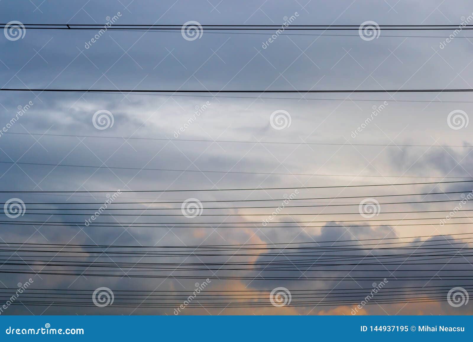 Multiple Horizontal High Voltage Cable Lines Across Stormy Clouds, at ...
