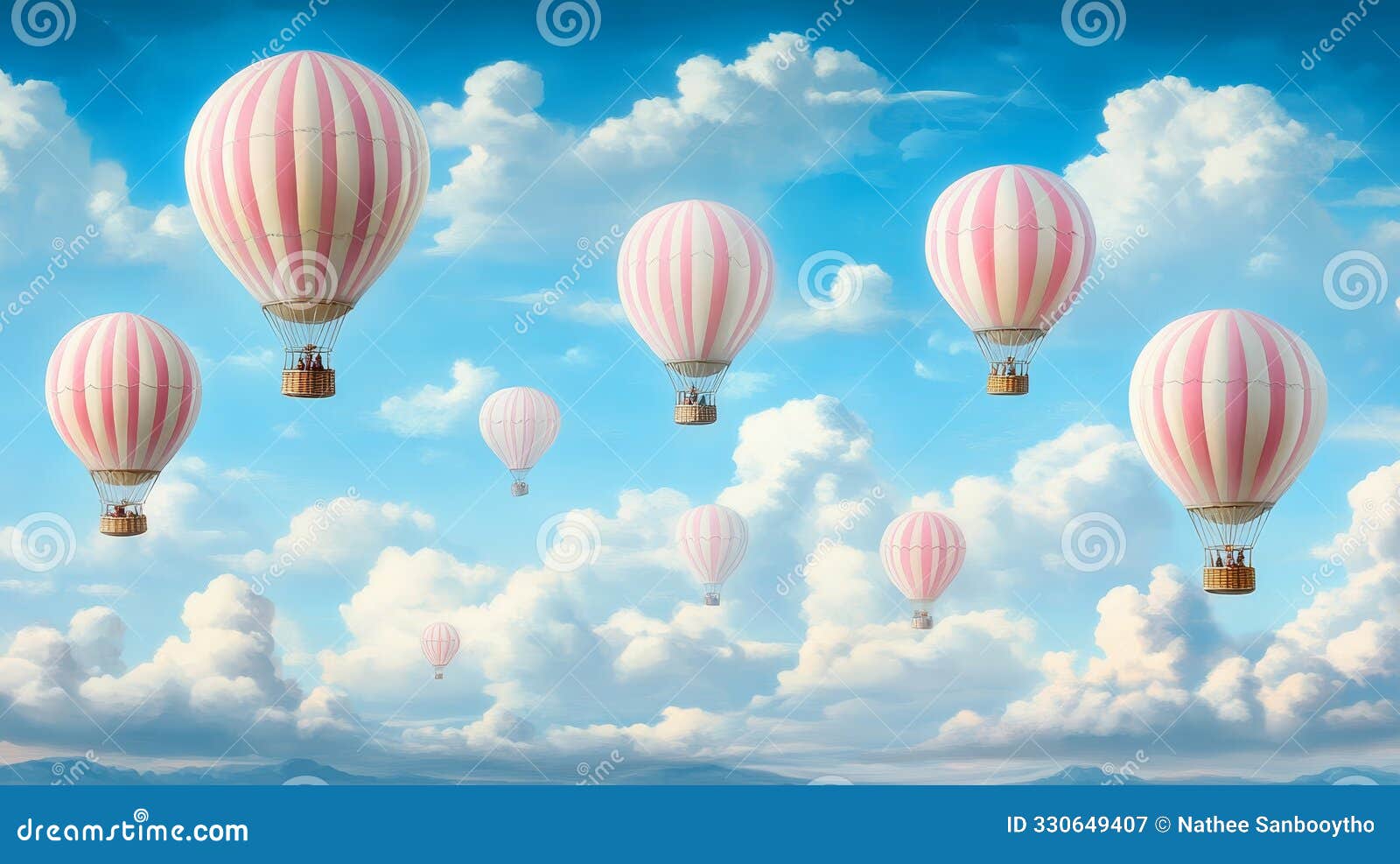 Multiple Hot Air Balloons Floating in Cloudy Sky Stock Illustration ...