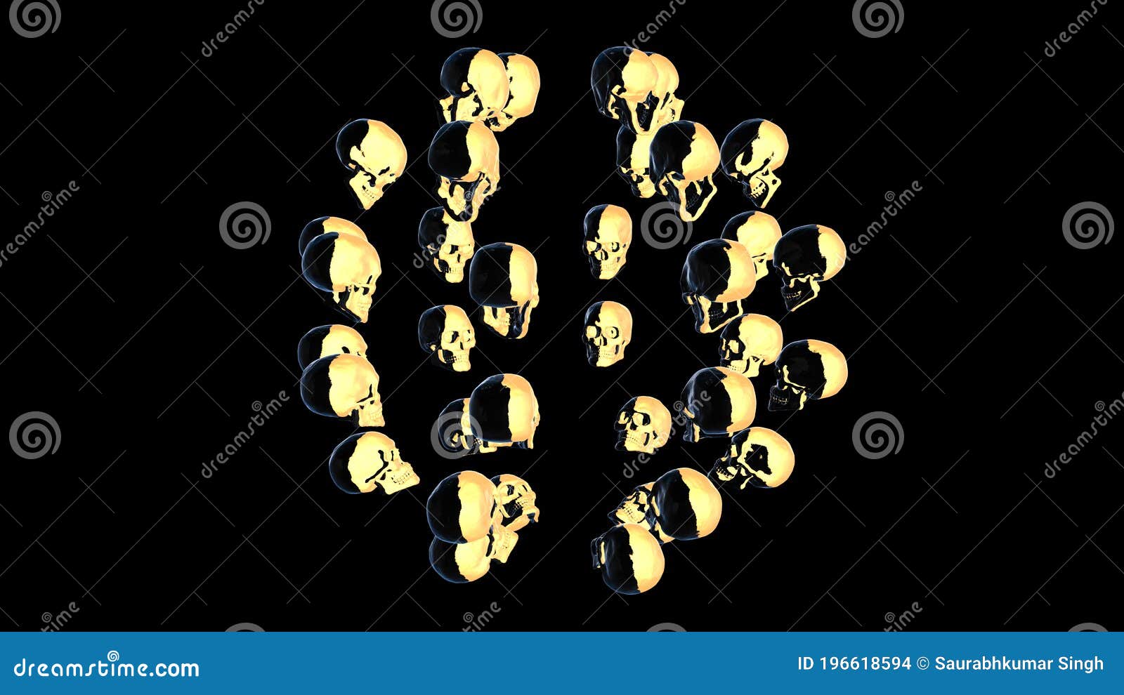 Multiple Human Skulls Facing Each Other in Golden and Black Colour 3D ...