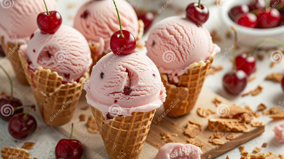Multiple Ice Cream Cones Topped with Cherries in a Group Setting Stock ...