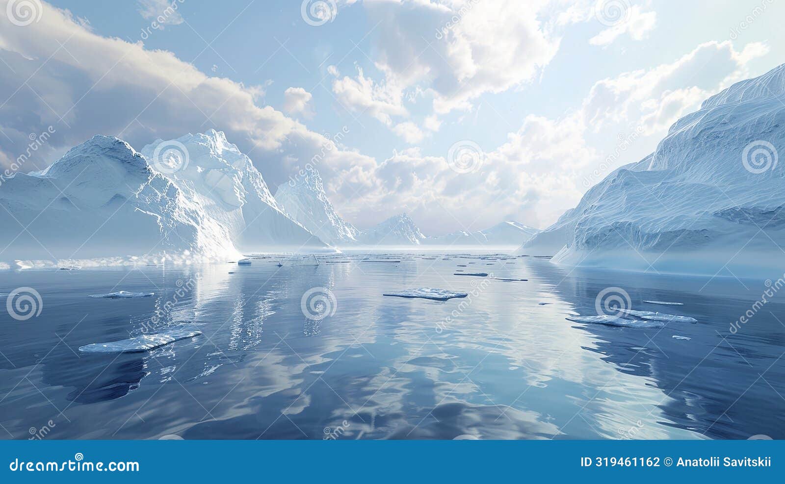 Multiple Icebergs Float in a Body of Water, Reflecting the Light in the ...