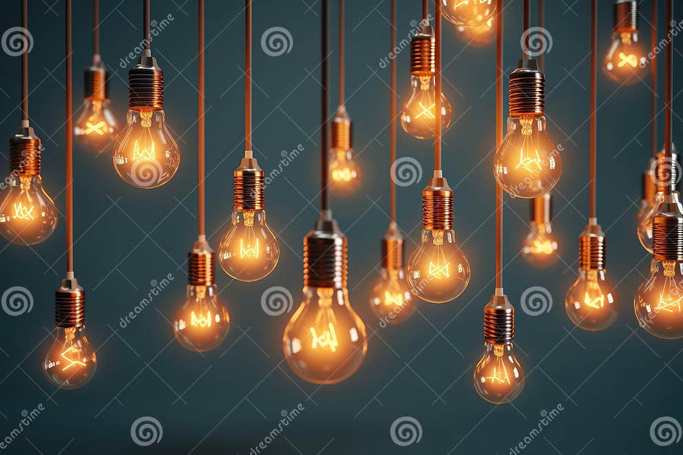 Multiple Illuminated Light Bulbs on Moody Background. Stock ...