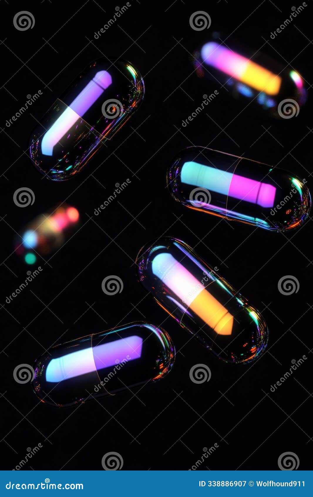 Multiple Iridescent Black Pill Capsules Drifting in Space, Illuminated ...