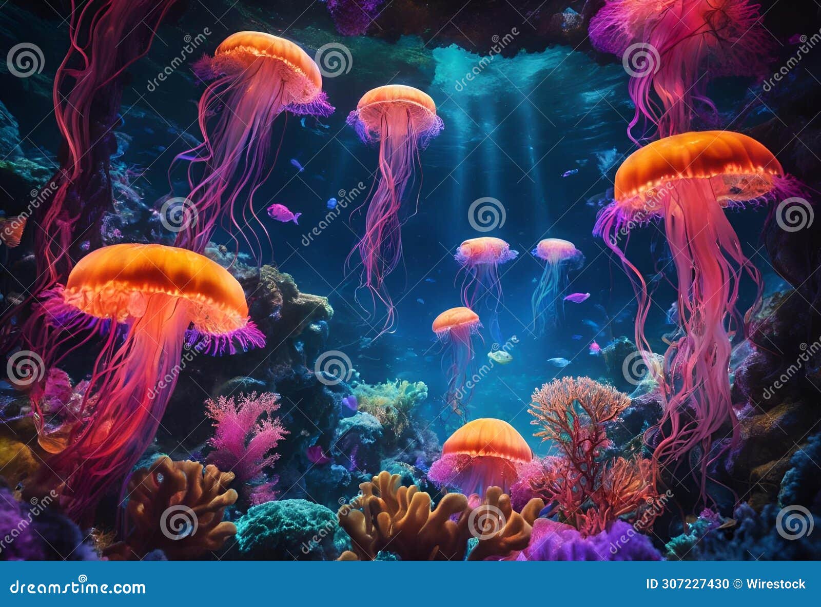 Multiple Jellyfish Swimming Underwater on the Sea Floor, AI-generated ...