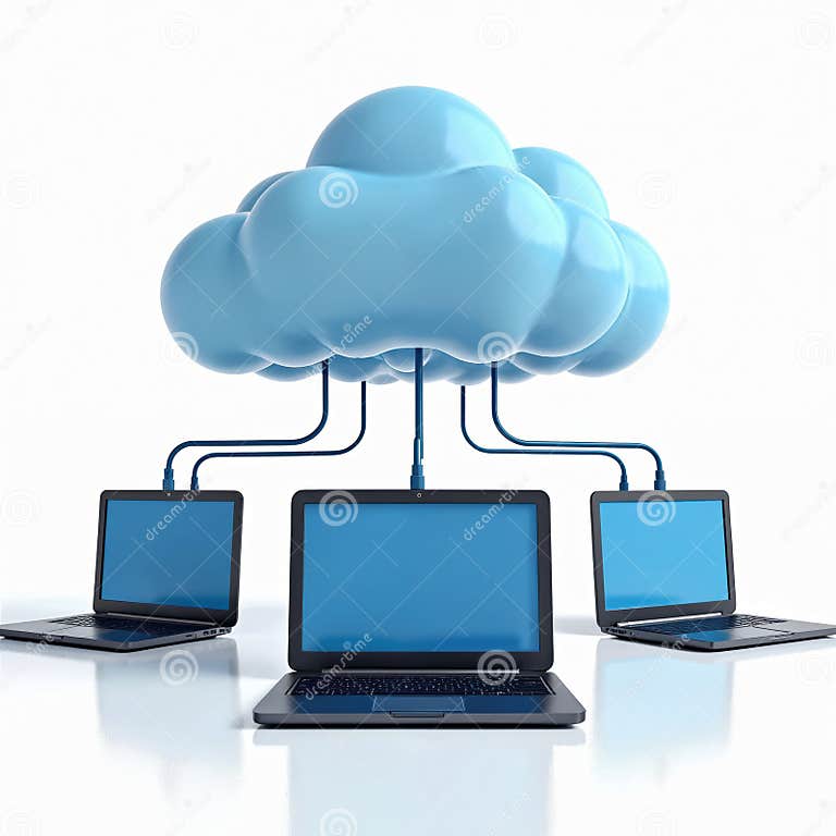 Multiple Laptops Connected To Light Blue Cloud Cloud Computing. Data Storage, Access Visually ...