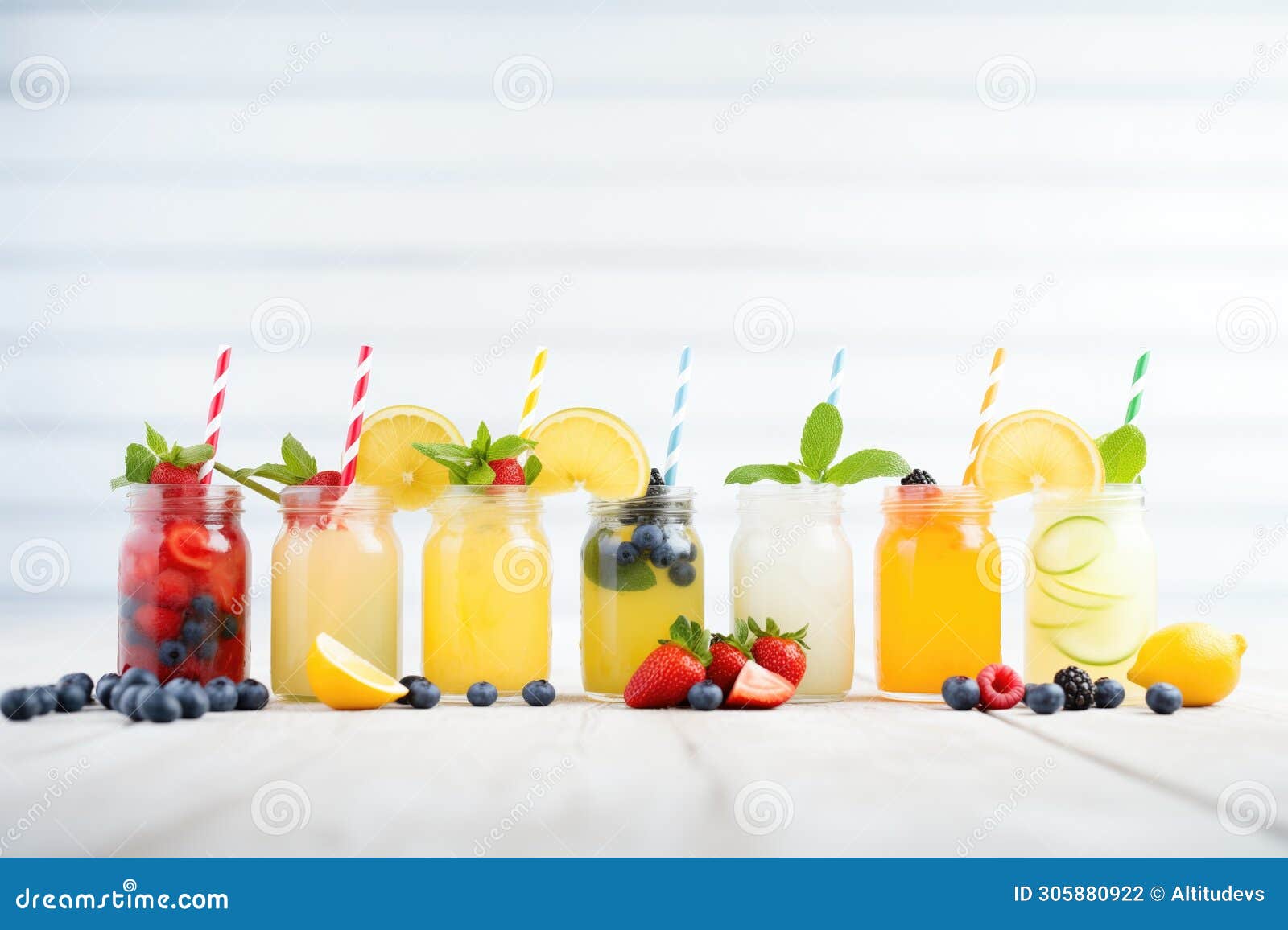 Multiple Lemonade Flavors in a Row with Fruit Garnishes Stock Photo ...