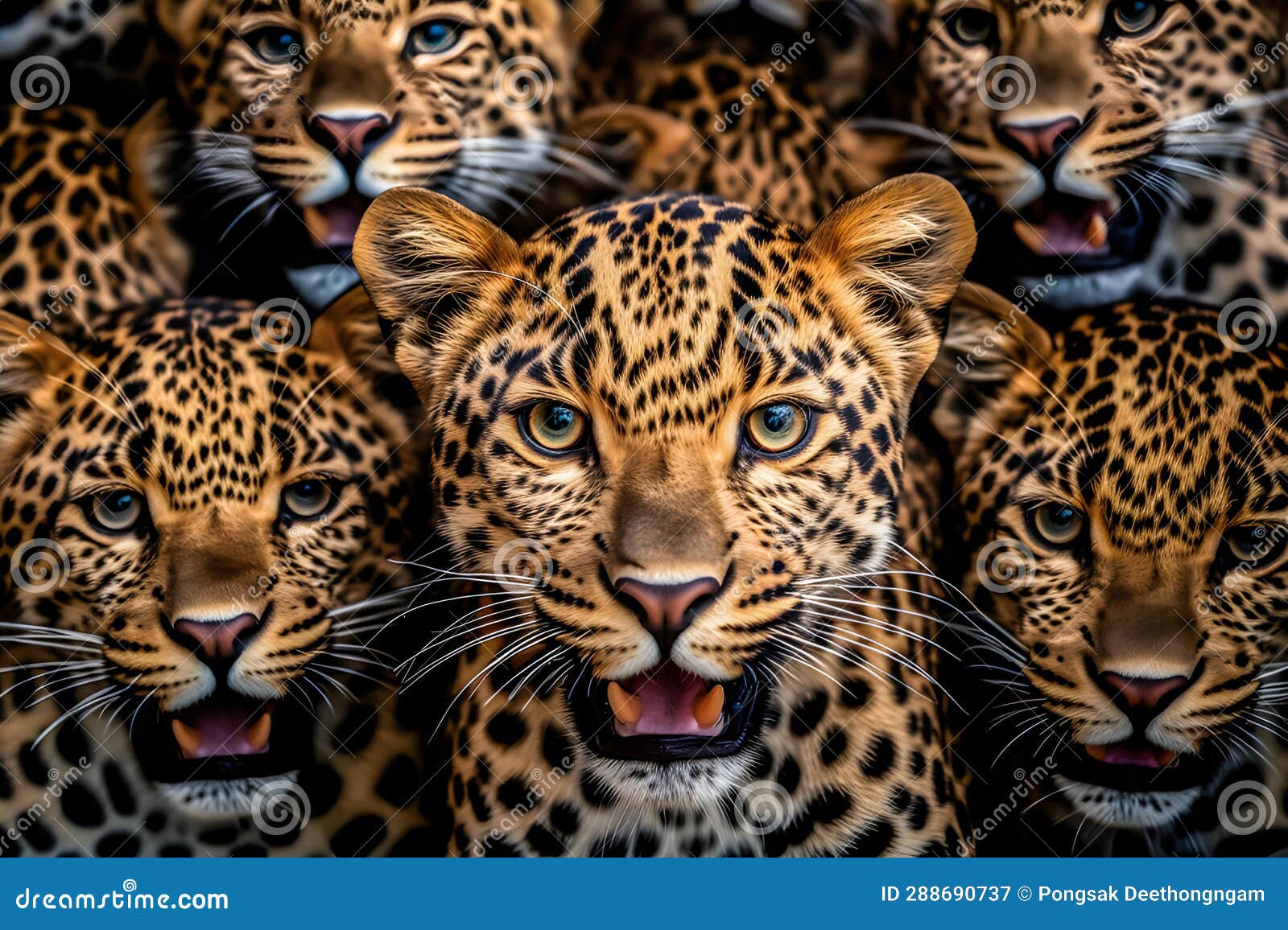 Multiple Leopards Face only Packed Together and Straight Look the Same ...