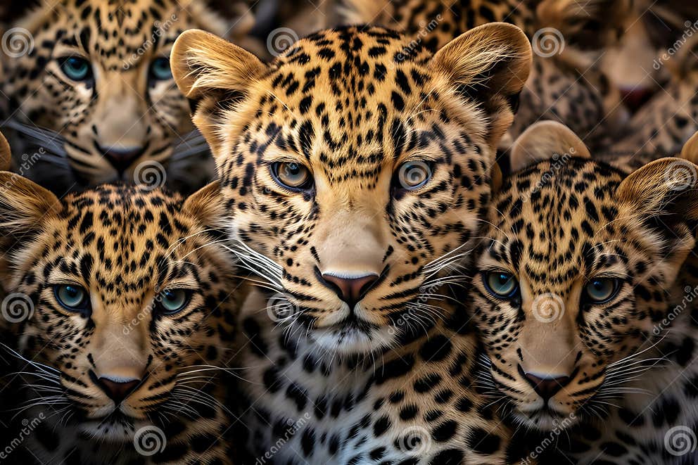 Multiple Leopards Face only Packed Together and Straight Look the Same ...