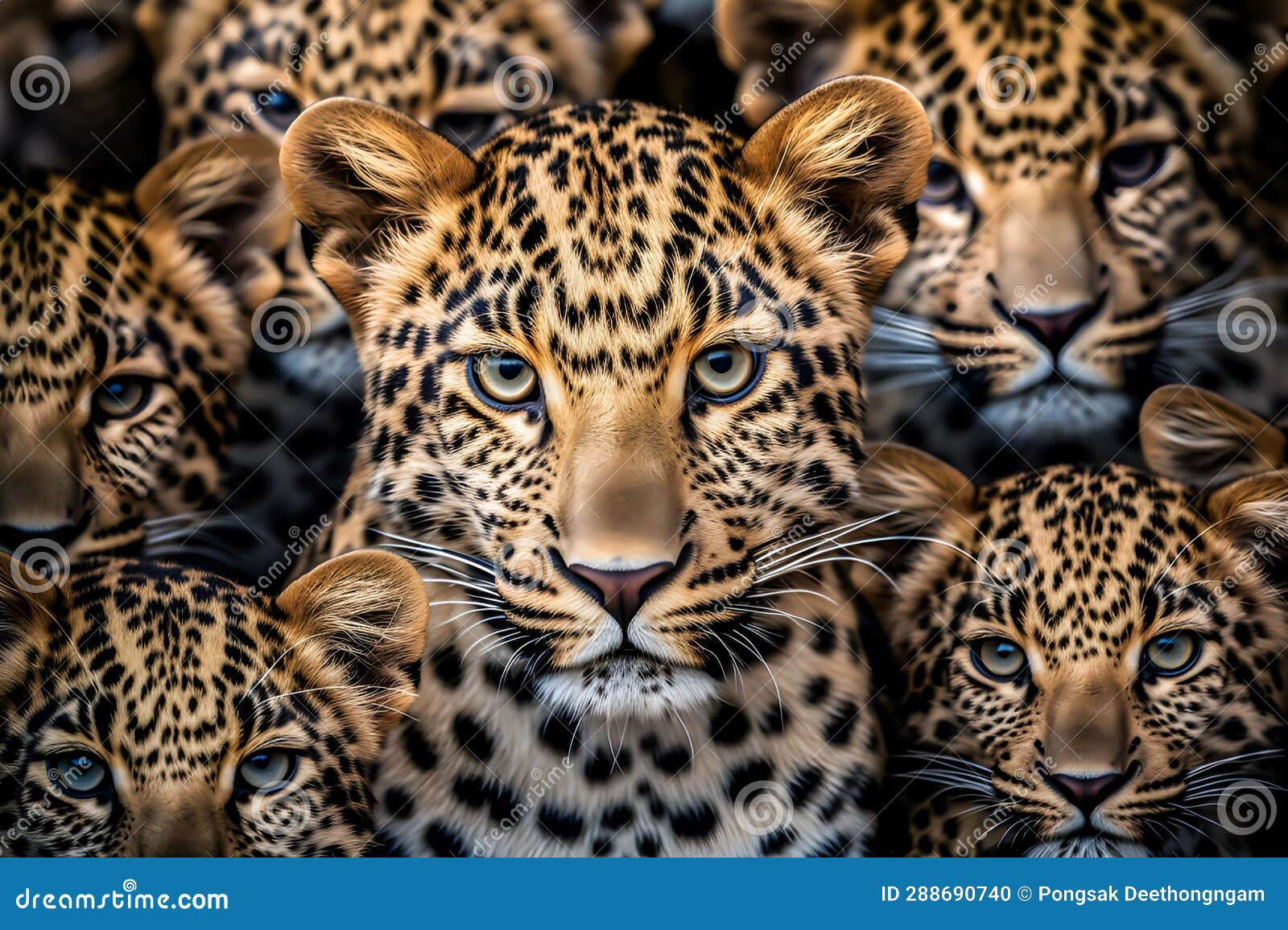 Multiple Leopards Face only Packed Together and Straight Look the Same ...