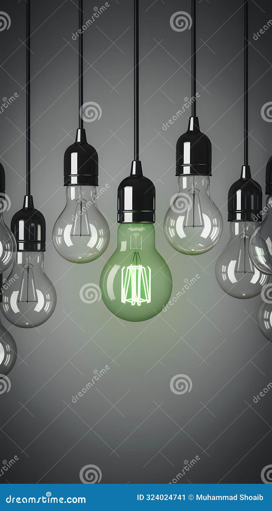 Multiple Light Bulbs, One Glows Green, Muted Gray Background Stock ...