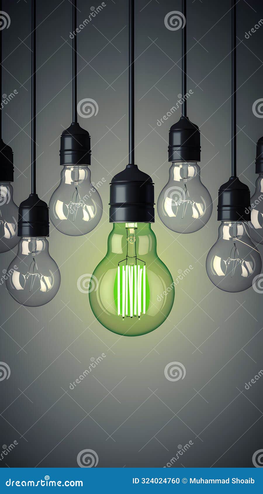 Multiple Light Bulbs, One Glows Green, Muted Gray Background Stock ...