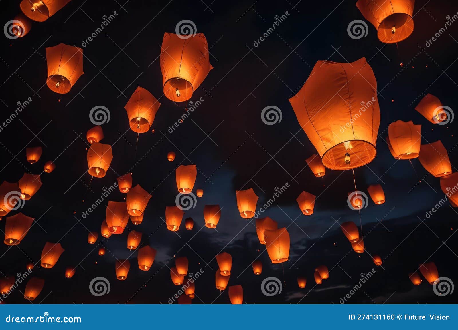 Multiple Lighted Chinese Lanterns Over Sky with Clouds Created Using ...